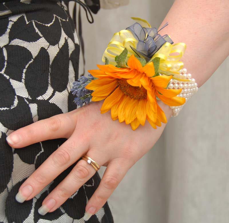 Golden Silk Sunflower Lavender Pearl Band Wrist Corsage